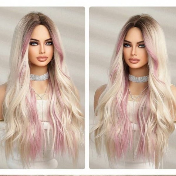 Hair | New Long Wavy Platinum Blond Pink Highlight Wig Pink Skunk ...